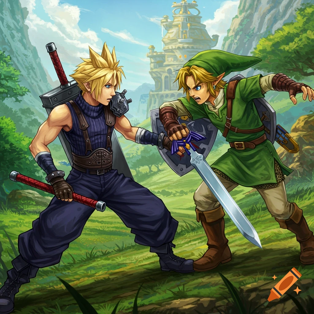 Cloud Strife and Link face off in a fantasy landscape with a castle. on ...