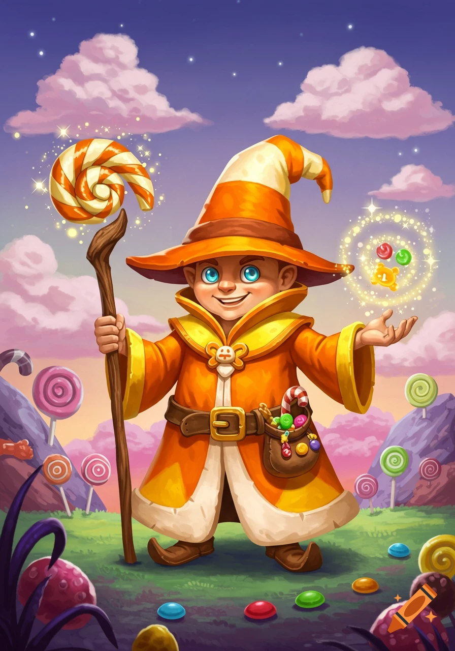Cartoon wizard holding a candy lollipop staff in a candy land on Craiyon