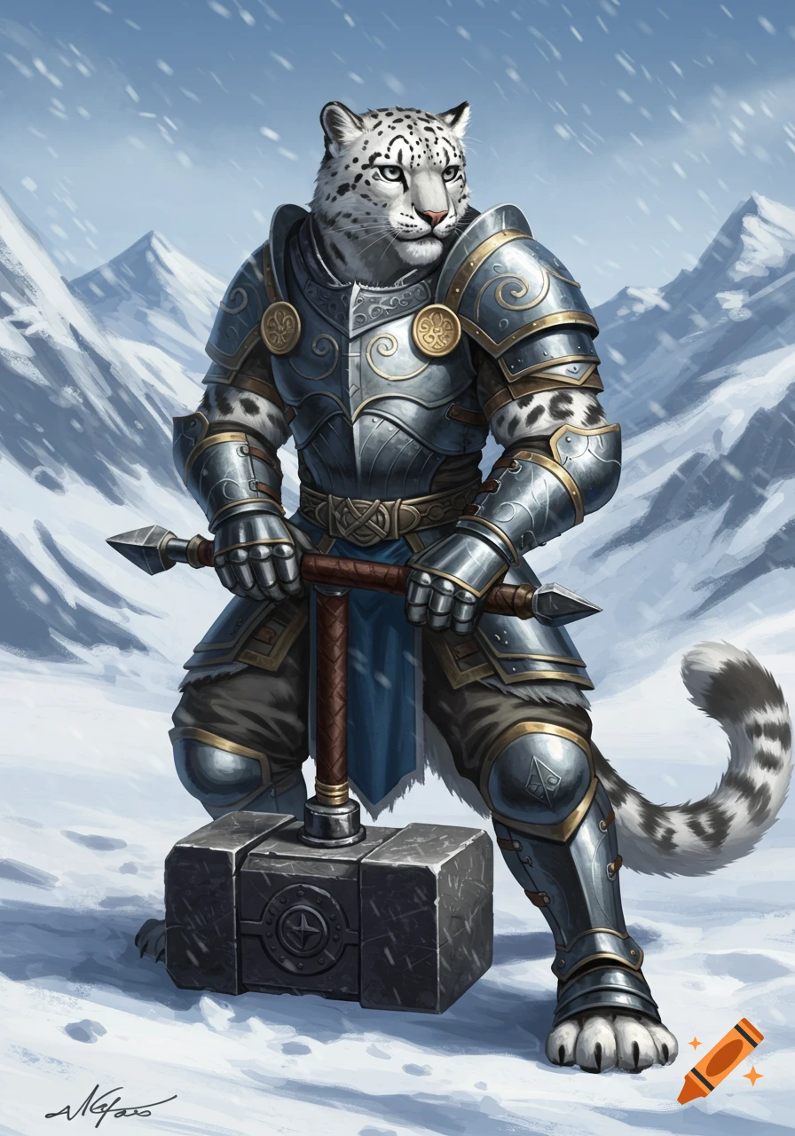 Anthropomorphic snow leopard warrior in armour holds a war hammer in ...