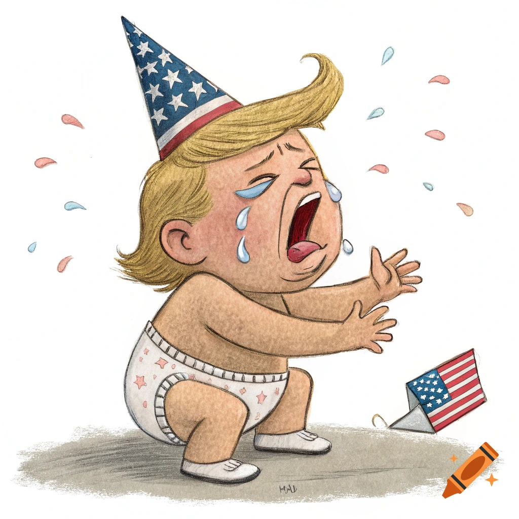 Cartoon caricature of Donald Trump as a crying baby in a diaper and ...
