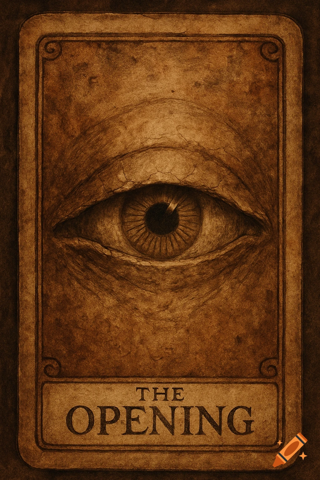 A rustic, ancient-themed card depicting a large eye opening, with the ...