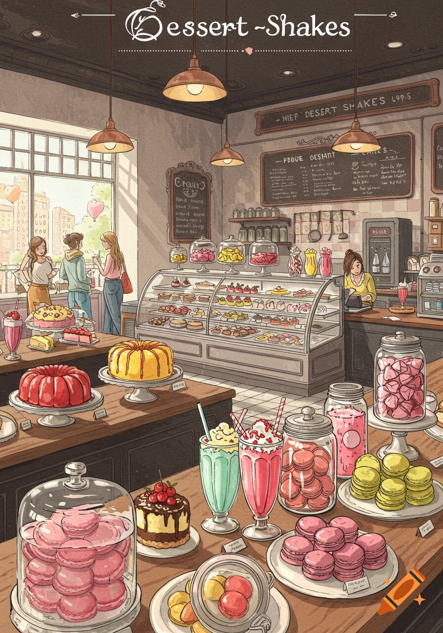 An illustrated scene inside a dessert shop with various cakes, macarons ...