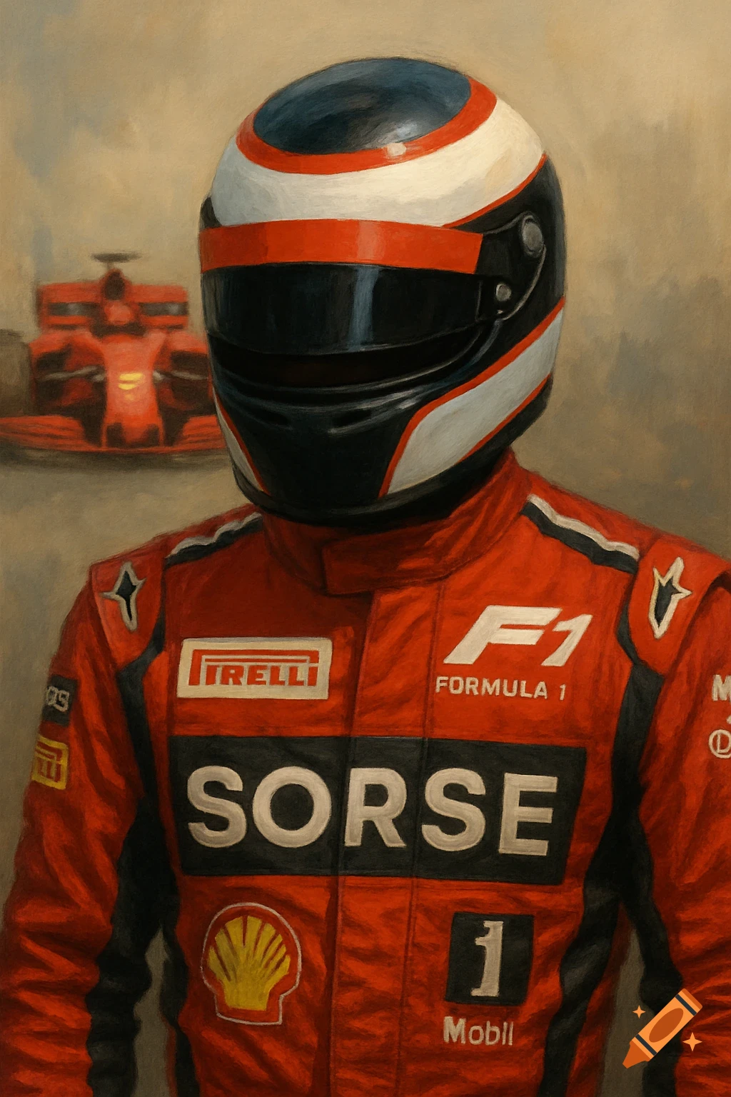 A driver in a red racing suit and helmet stands with a red F1 car in ...