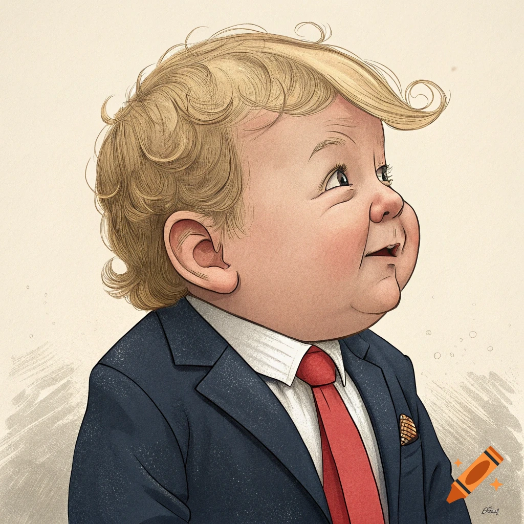 Caricature of a baby resembling Donald Trump in a suit and red tie on ...