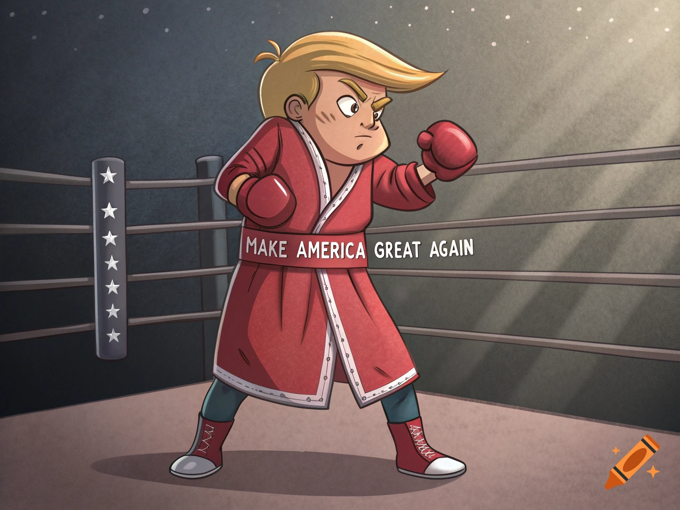 Cartoon caricature of Donald Trump as a boxer in a ring, wearing a robe ...