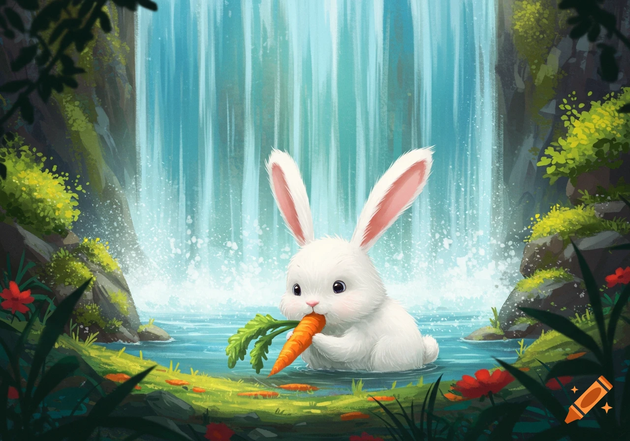 A cute white rabbit sits in water by a waterfall, eating a carrot in a ...