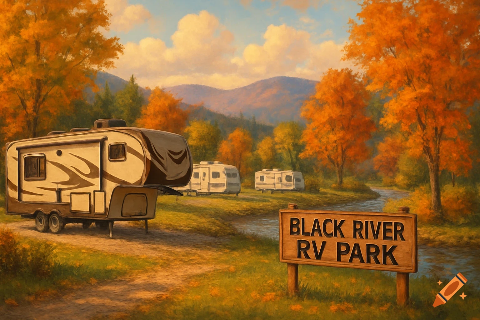 RVs parked at Black River RV Park in autumn, by a river. on Craiyon