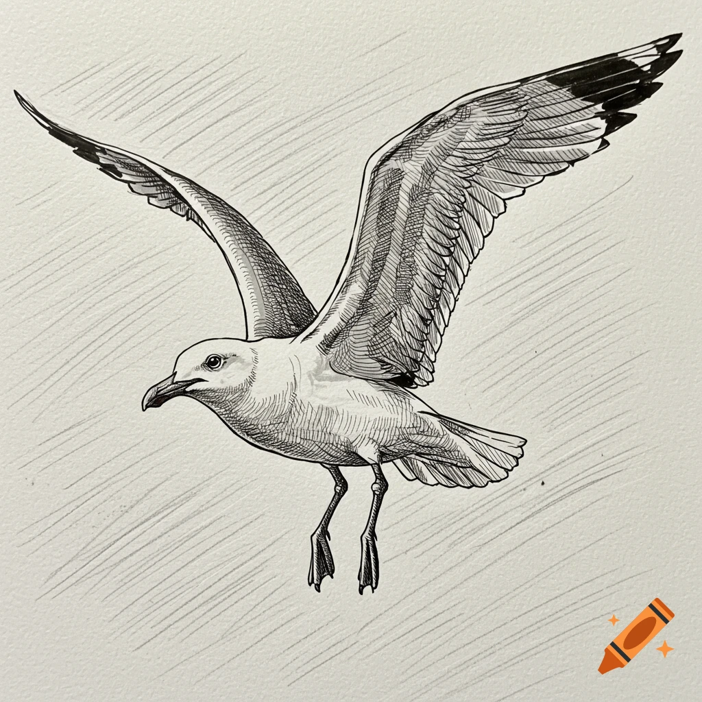 Black and white ink drawing of a seagull flying. on Craiyon