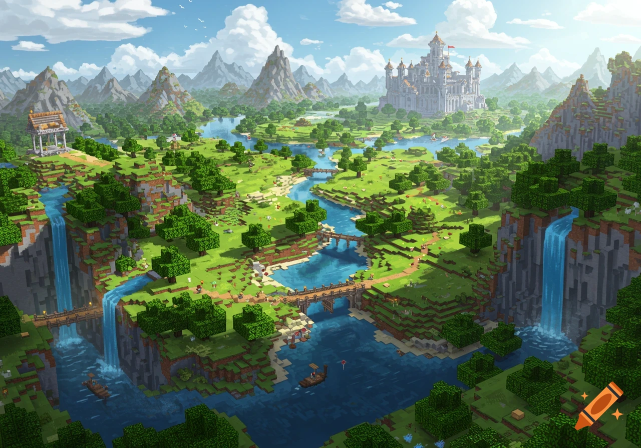 A blocky Minecraft-style landscape with mountains, rivers, waterfalls ...