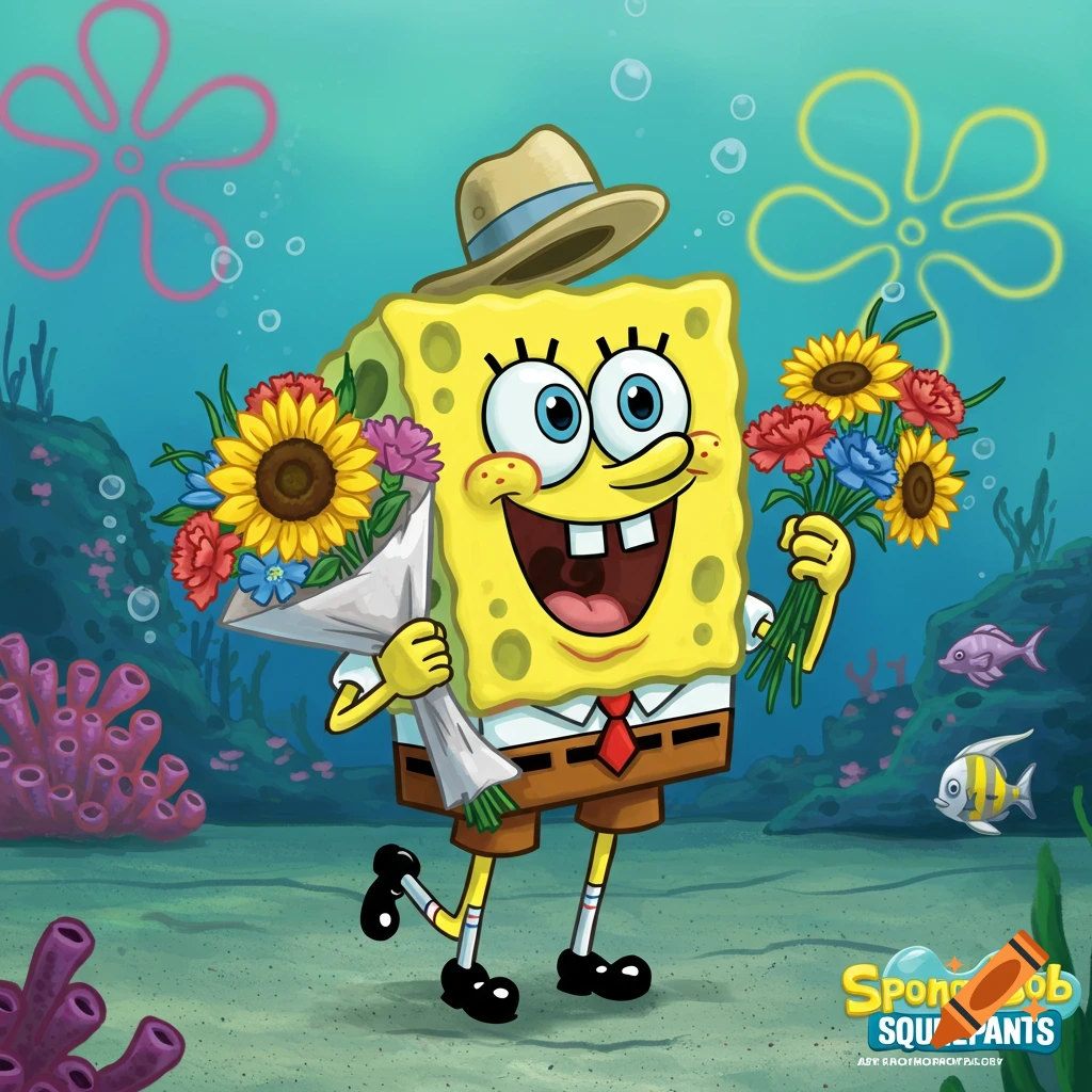 SpongeBob SquarePants in a straw hat stands underwater holding two bouquets of flowers. on Craiyon