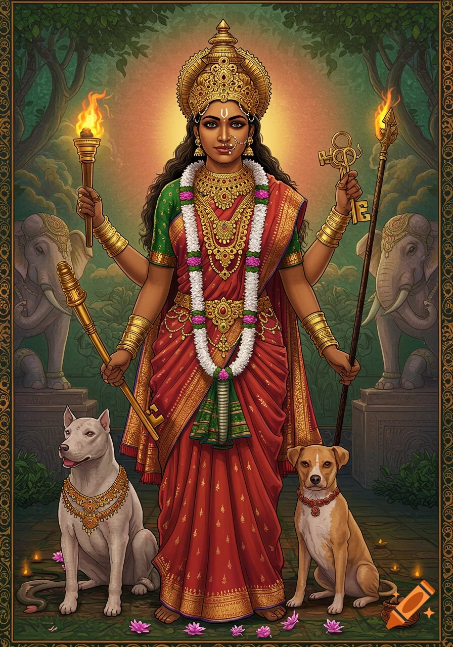 Multi-armed deity in red and gold sari holds torches and keys, flanked ...