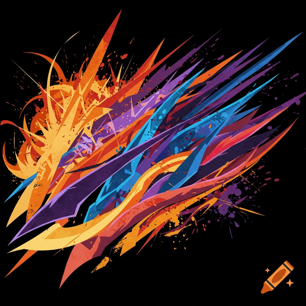 Abstract design with sharp orange, purple, blue, and red slashes and ...