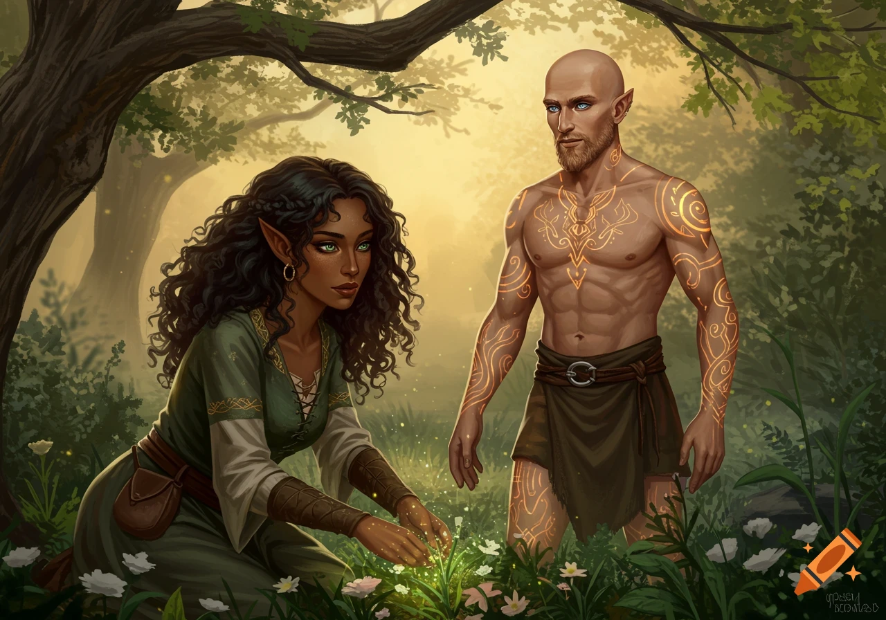 Two elves in a forest garden, one tending glowing plants, the other ...