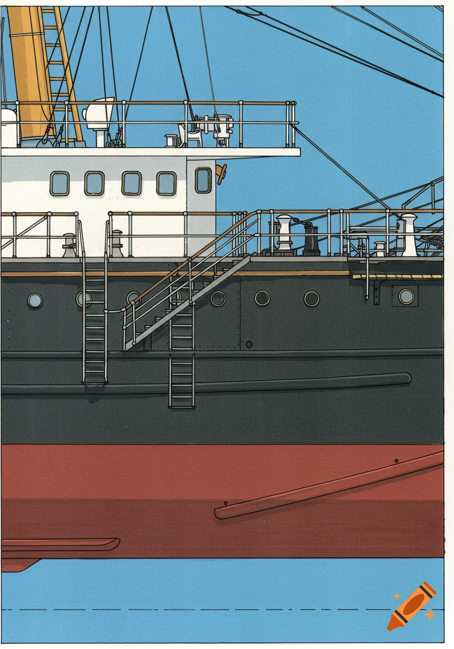 Illustration of the side of a ship with decks, windows, ladders, and ...