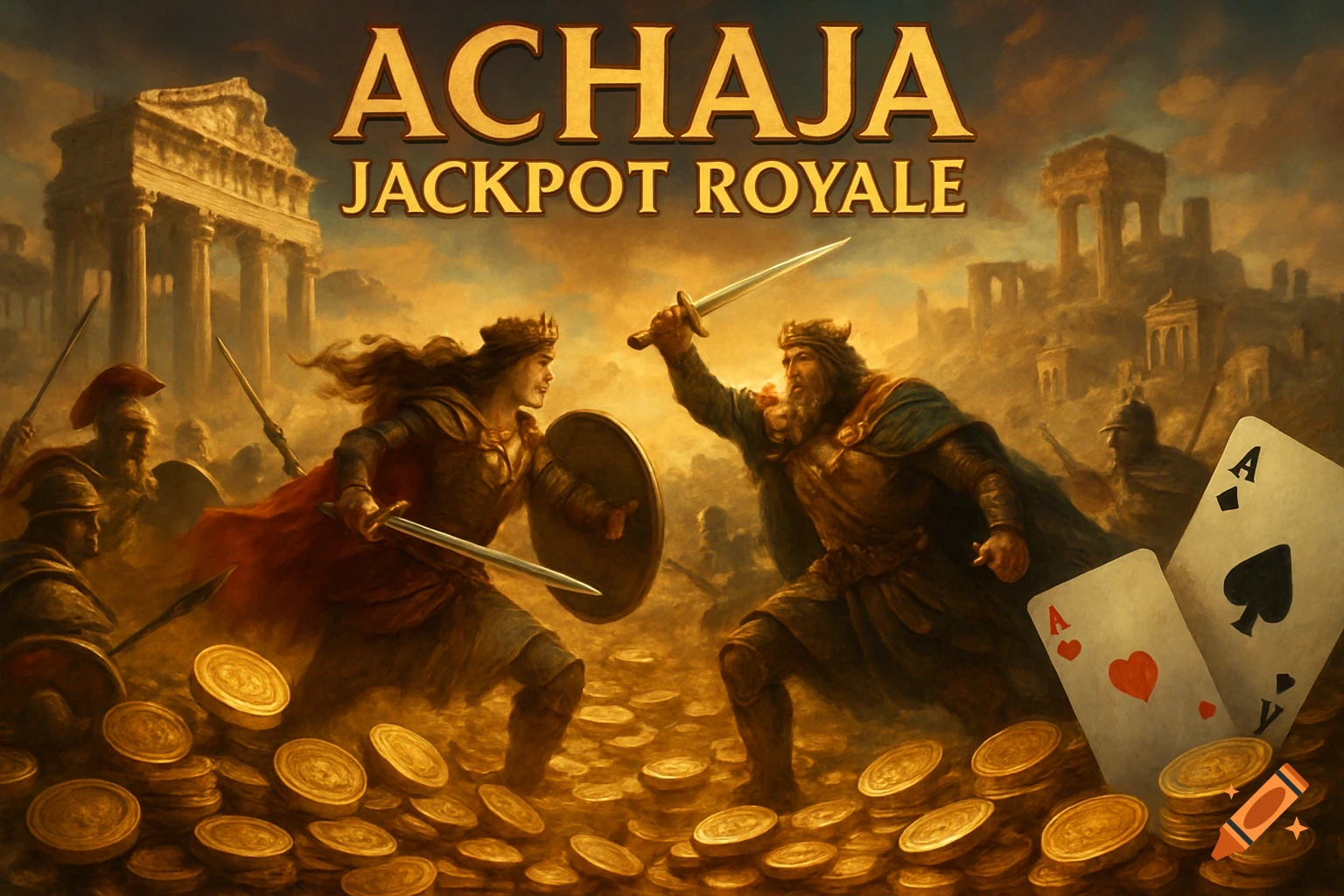 Two warriors fighting on gold coins and playing cards with ancient ...