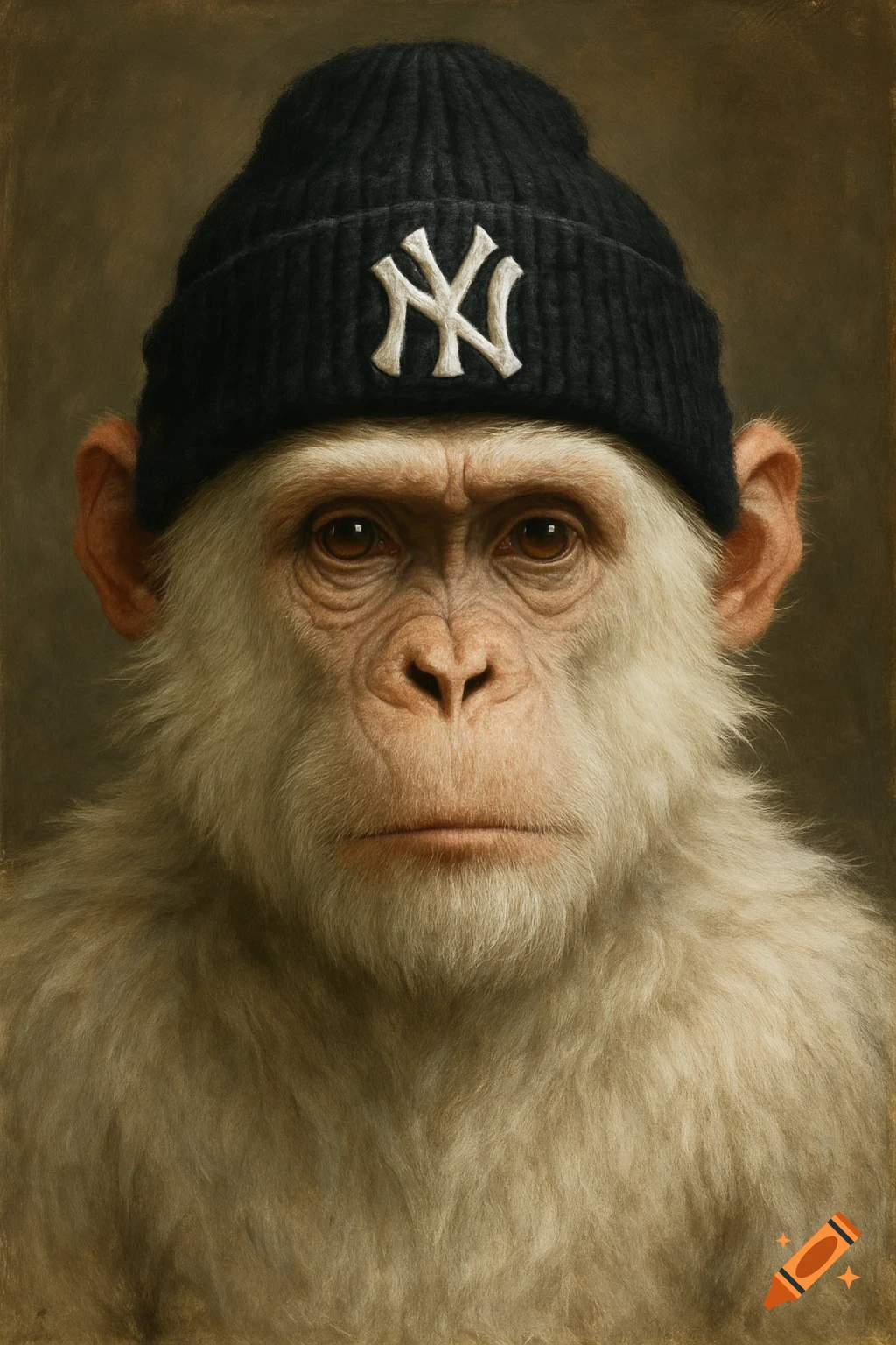 Realistic portrait of a white monkey wearing a black beanie with an NY ...