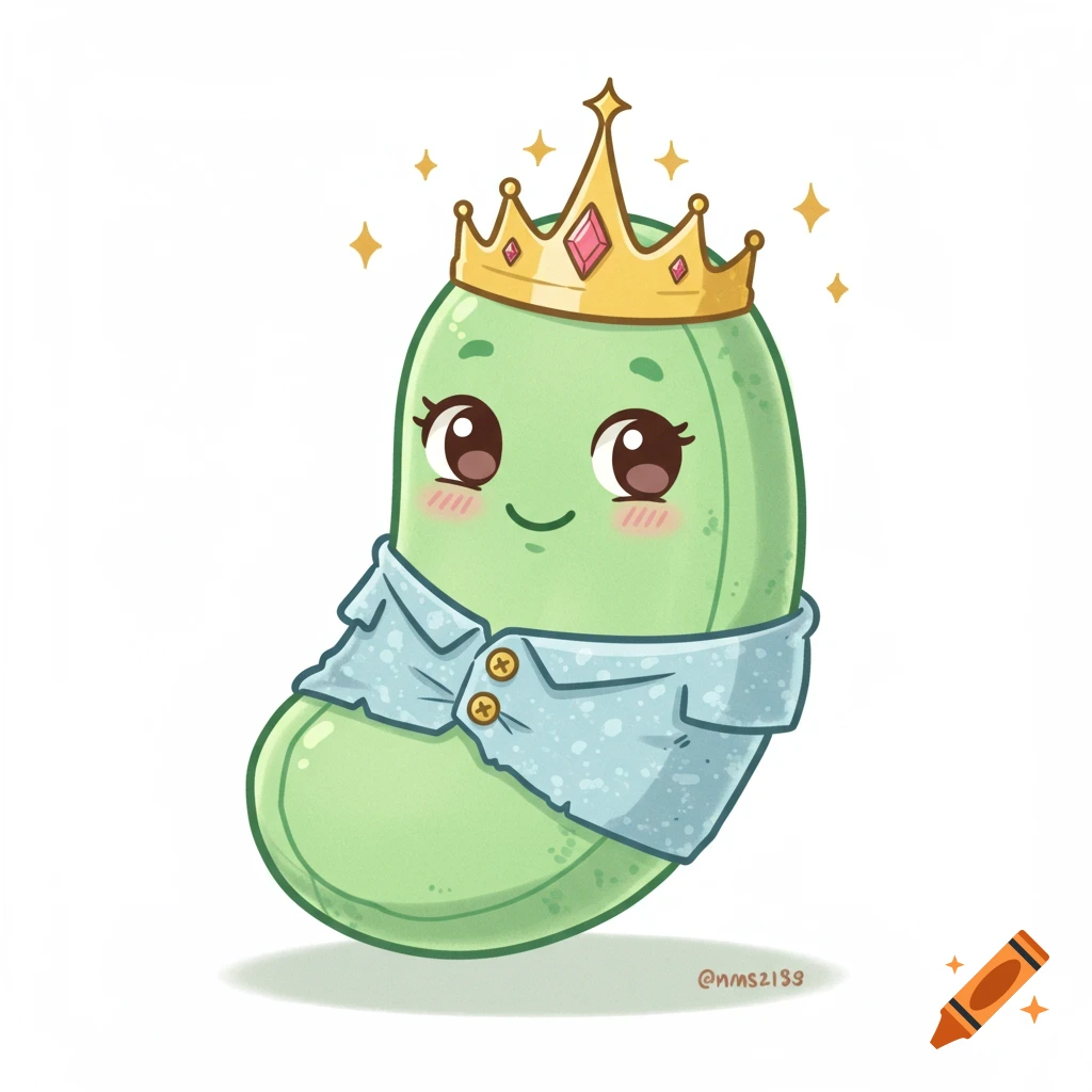 Cute cartoon bean character wearing a shirt and crown on Craiyon