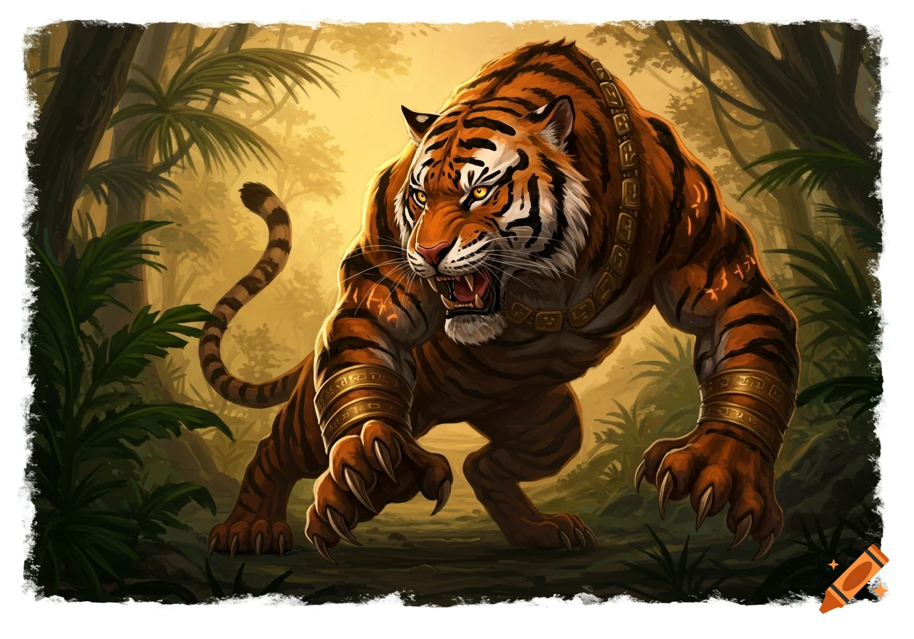 Powerful tiger creature with golden armbands in a lush jungle at sunset ...