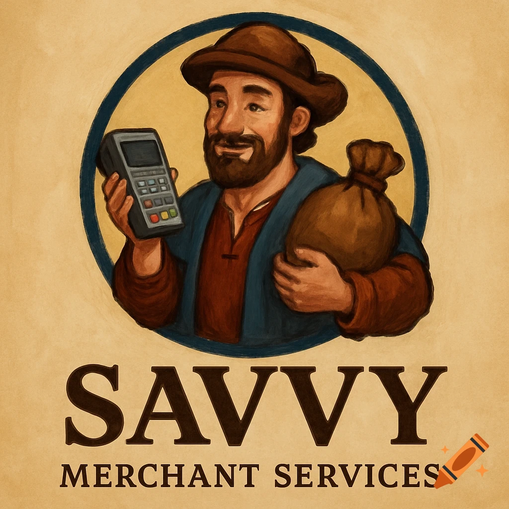 Illustration logo of merchant with payment terminal and sack, text ...