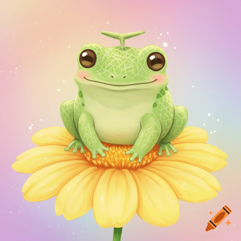 A cute green frog with melon skin texture sits on a yellow flower. on ...