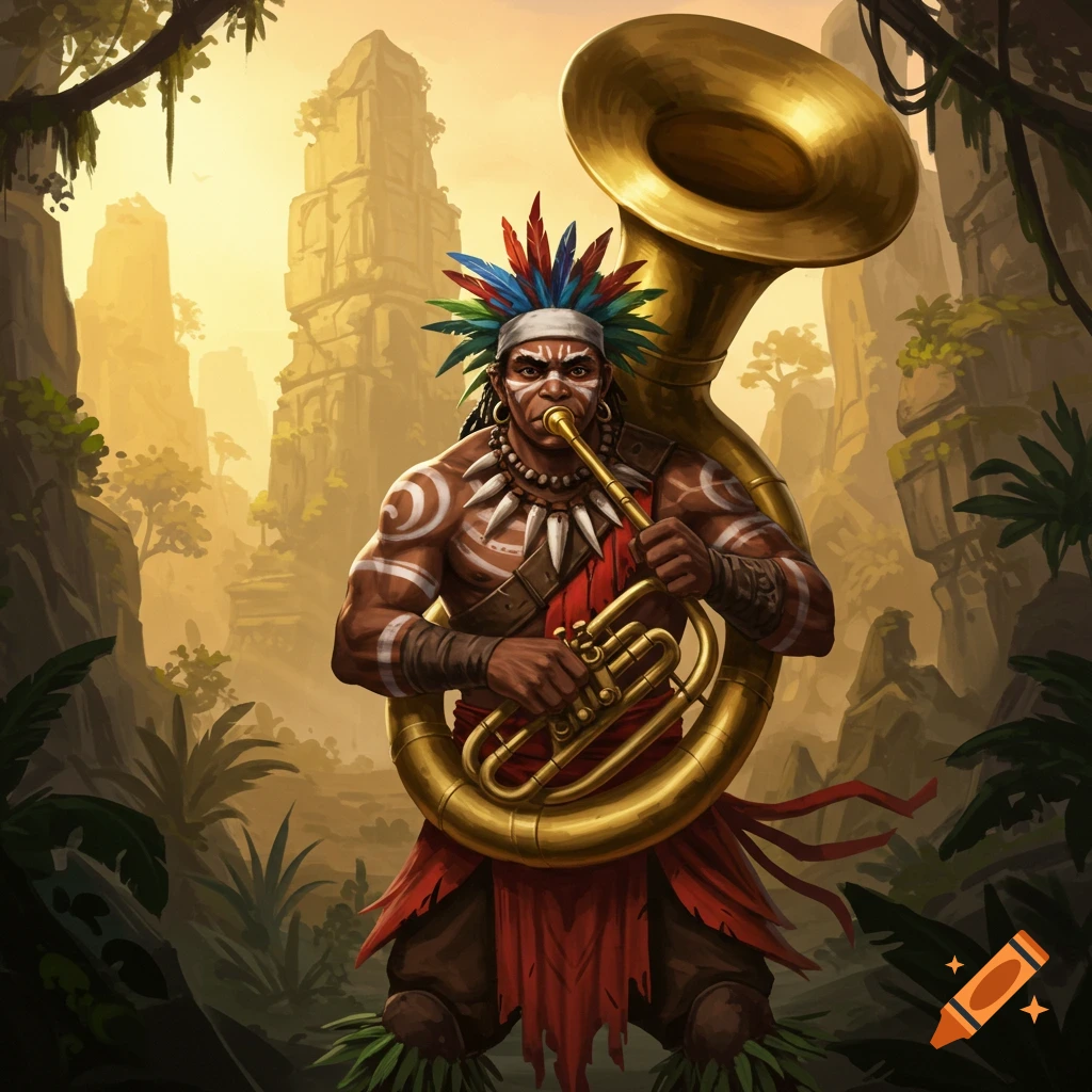 A person in tribal attire playing a large tuba in a jungle ruin setting ...