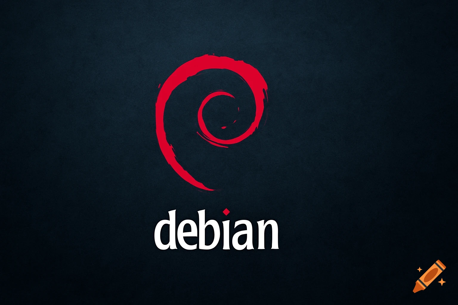 Red Debian swirl logo above white text "debian" on a dark textured ...