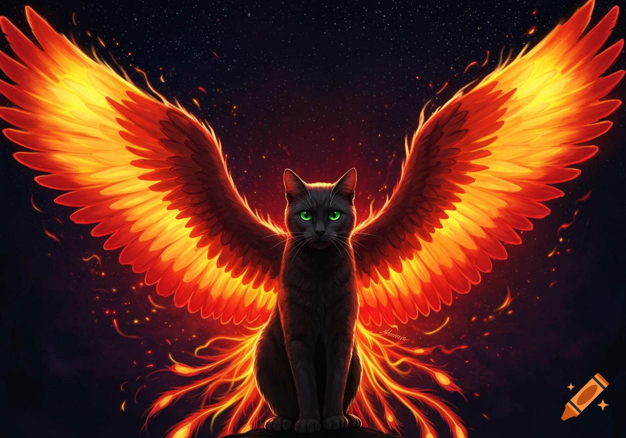 A black cat with large fiery phoenix wings sits under a starry sky. on ...