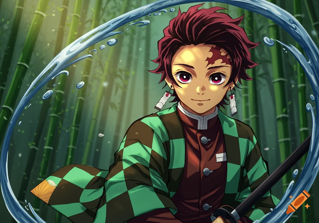 An anime character with red hair and green and black haori stands in a ...