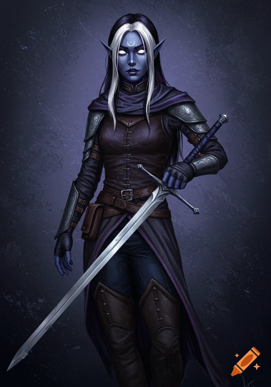 Dark elf character with blue skin, white eyes, and dark & white hair ...