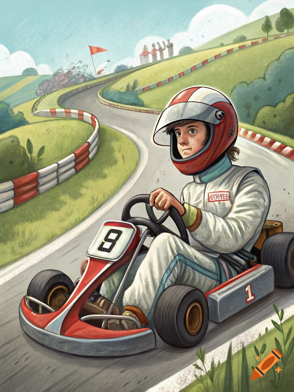 Illustration of a person in a go-kart on a race track on Craiyon