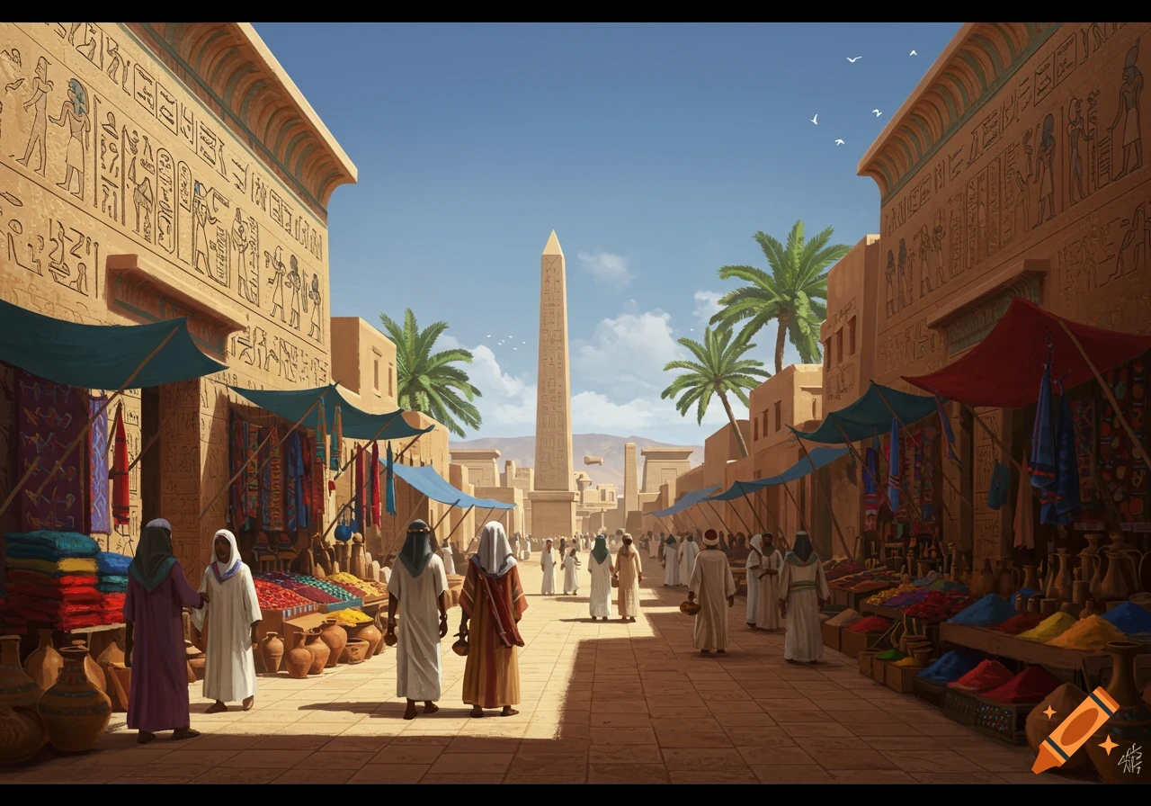 Illustration of an ancient Egyptian market street with buildings ...