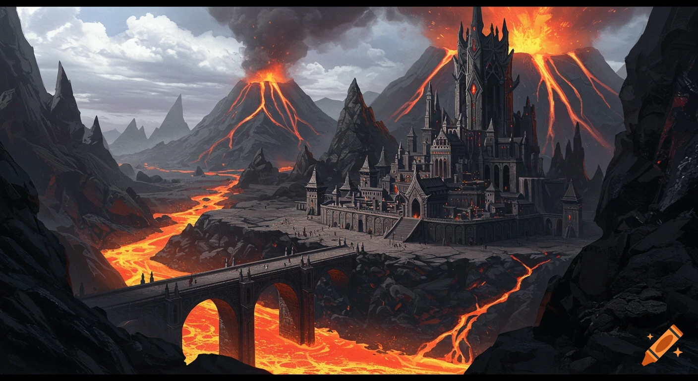 A fantasy castle stands in a volcanic landscape with flowing rivers of lava, mountains, and ...