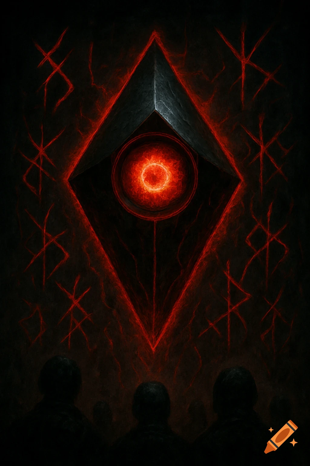 Ominous sci-fi horror illustration of a glowing red diamond symbol and ...