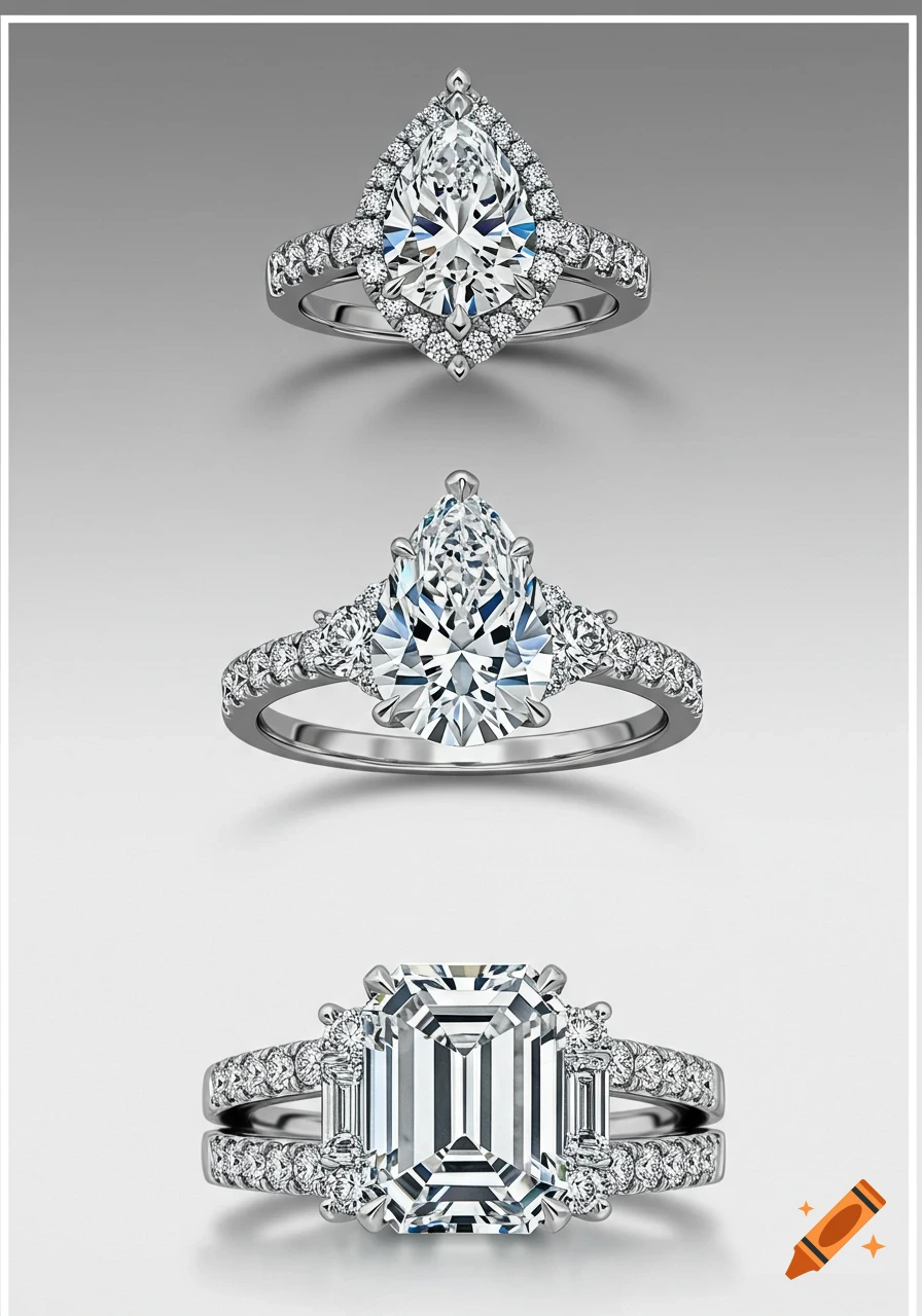 Three different diamond rings: a pear shape with halo, a pear shape ...