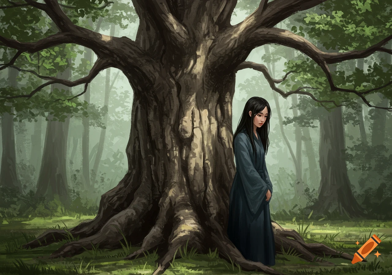 A sad woman stands under a large old tree in a misty forest, painterly ...