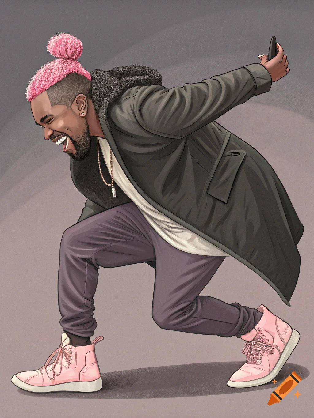 Illustration of a man with a pink man bun, dark coat, and pink sneakers ...
