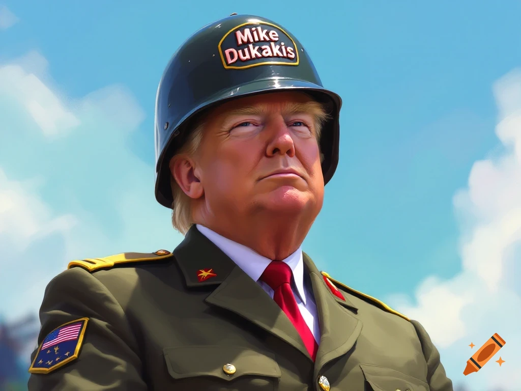 Portrait of Donald Trump wearing a military uniform and a helmet that ...