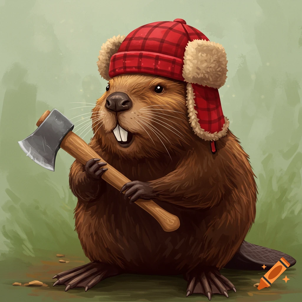 A cartoon beaver wearing a red plaid hat with ear flaps and holding an ...