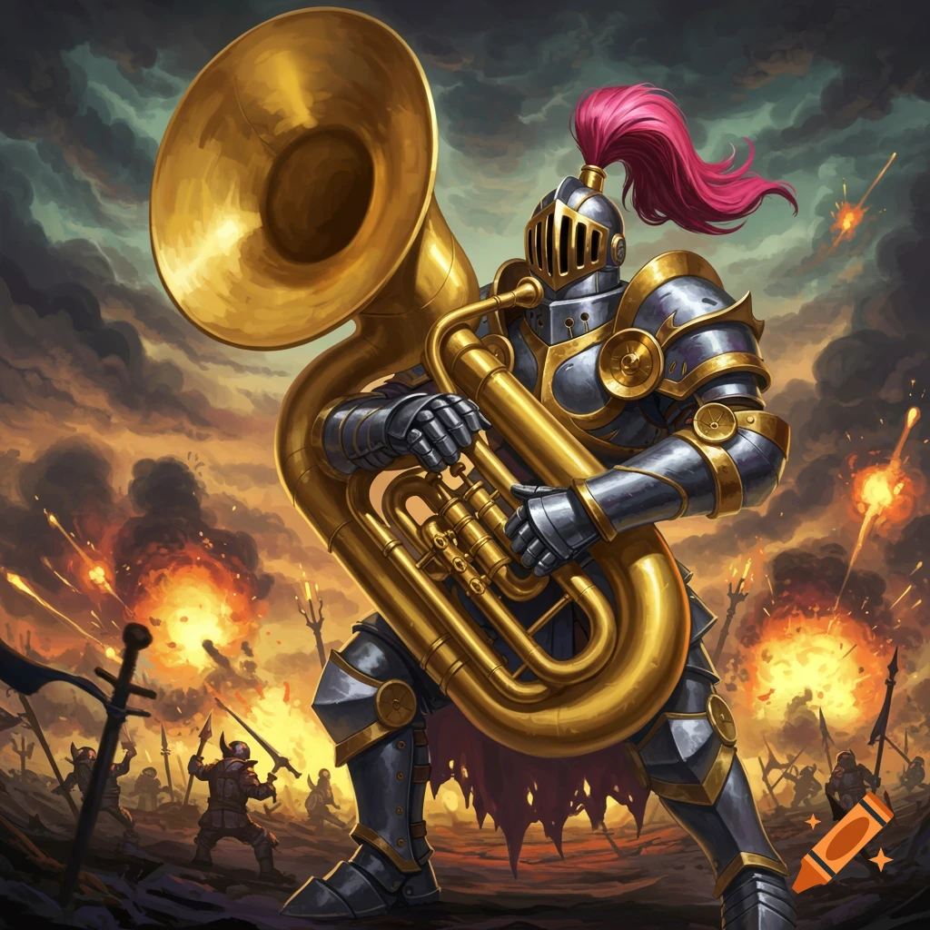 A knight in armor playing a tuba in a fantasy battle scene with ...