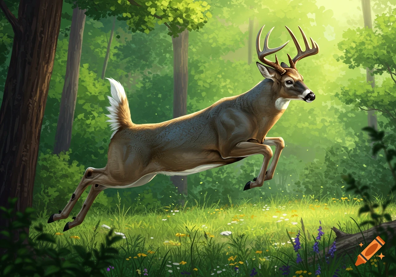 An illustration of a white tail deer buck jumping through a sunlit ...