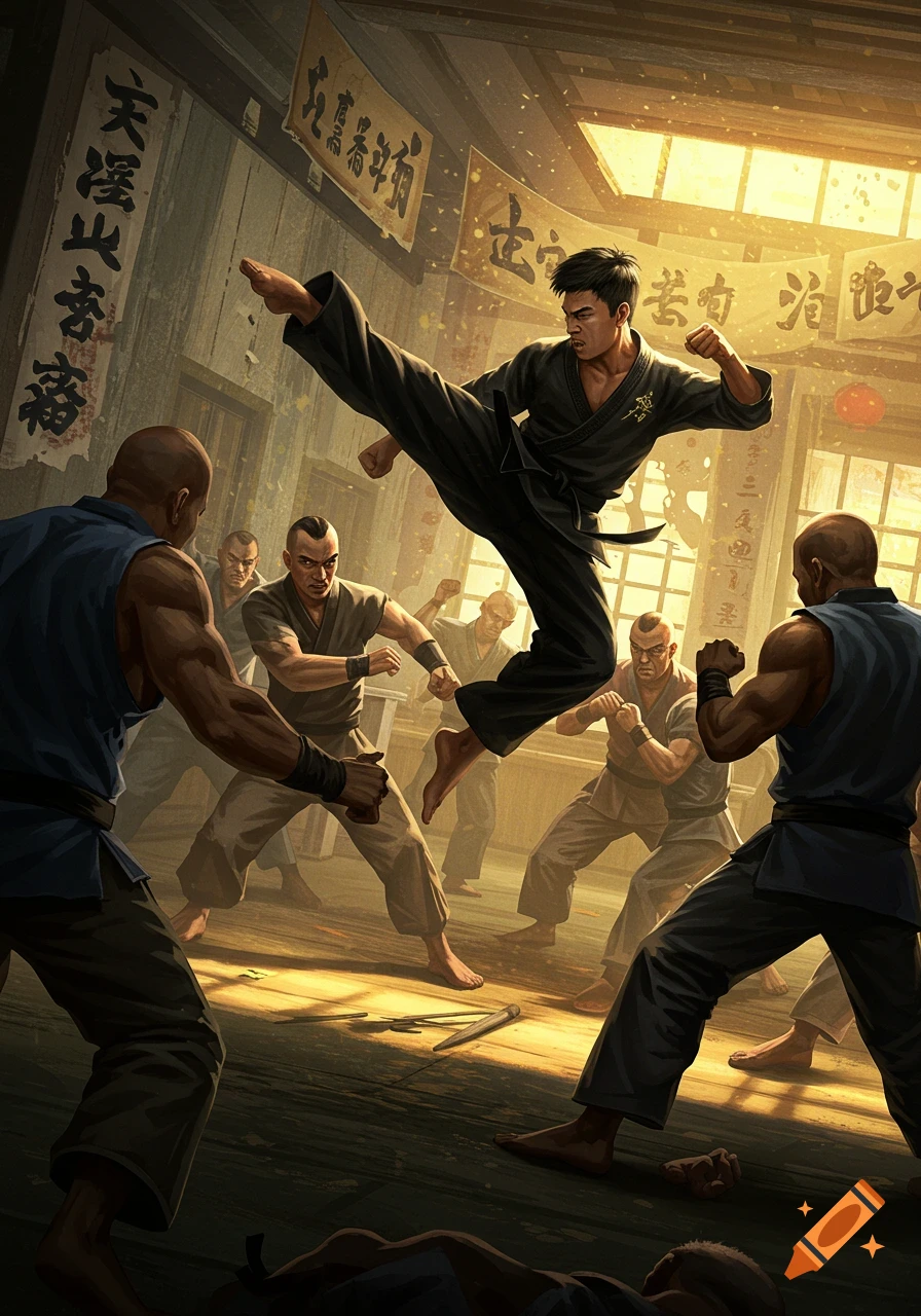 Martial artist performs a high kick in a dojo battle scene against ...