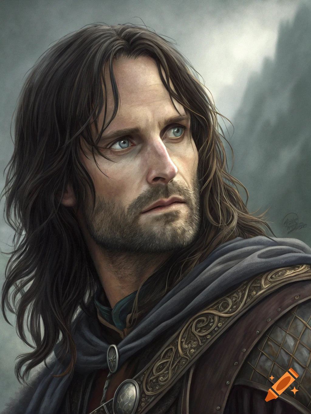Realistic portrait of a man with long dark hair and beard in fantasy ...