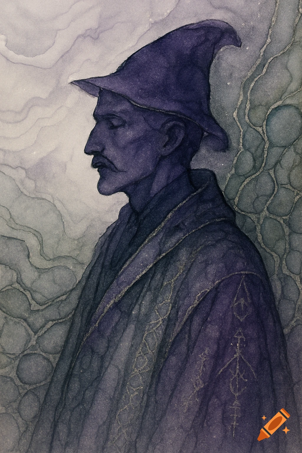 Stylized alcohol ink portrait of a character in a hat and robe with ...