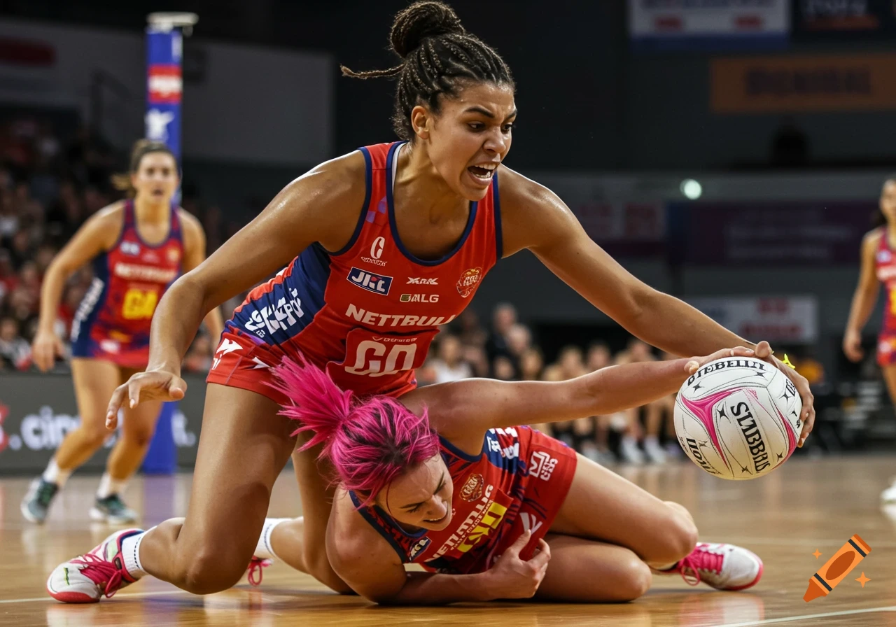 Two female netball players grapple for the ball during a game on the ...