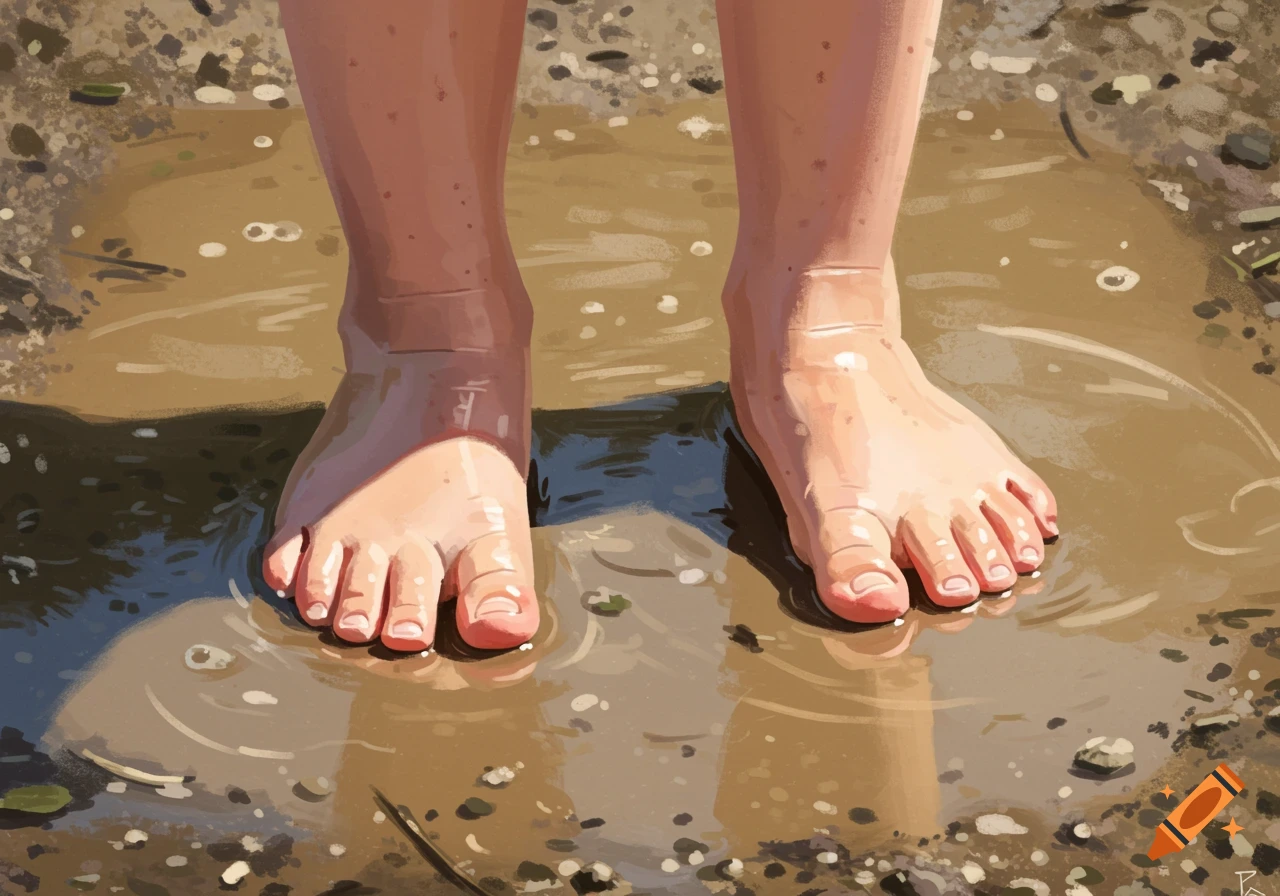 Bare feet standing in a shallow puddle on Craiyon