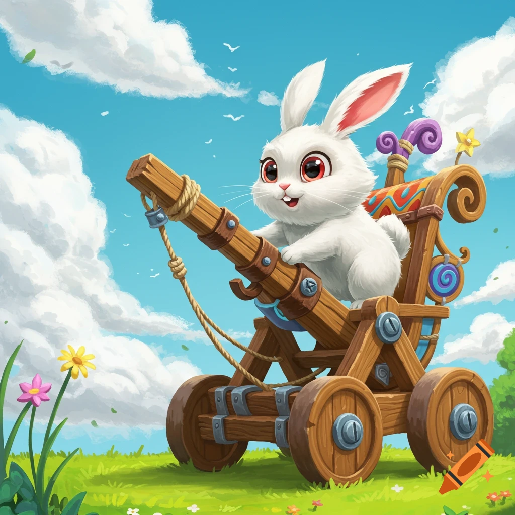Cute cartoon rabbit on a wooden catapult in a grassy field under a blue ...