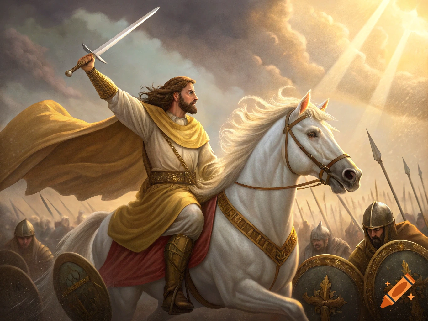 A man on a white horse leading a battle charge, holding a sword aloft ...