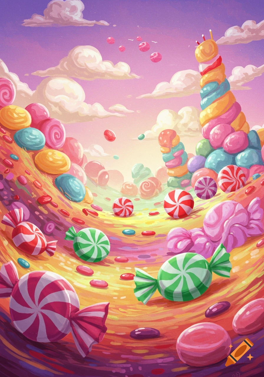 Colorful candy landscape under a sunset sky with clouds, featuring ...