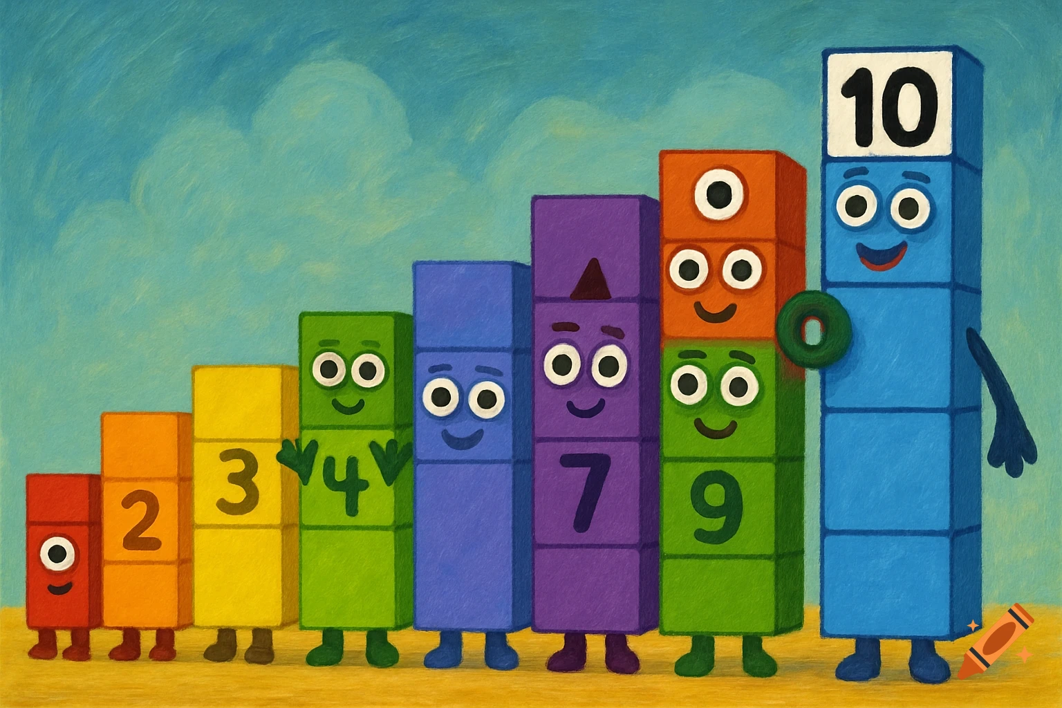 Cartoon number blocks characters 2, 3, 4, 7, 9, 10 stand in a line ...