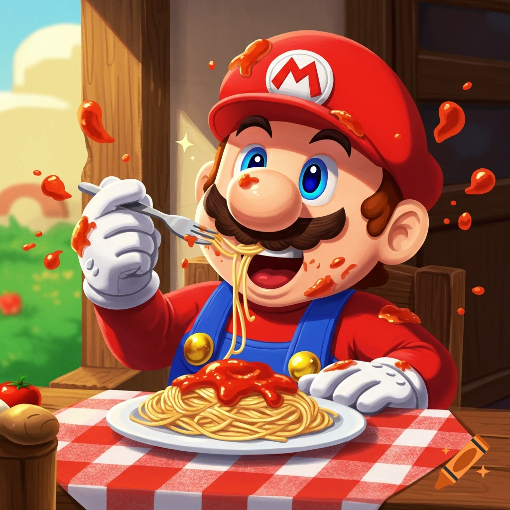 Illustration of Super Mario happily eating spaghetti at a table. on Craiyon